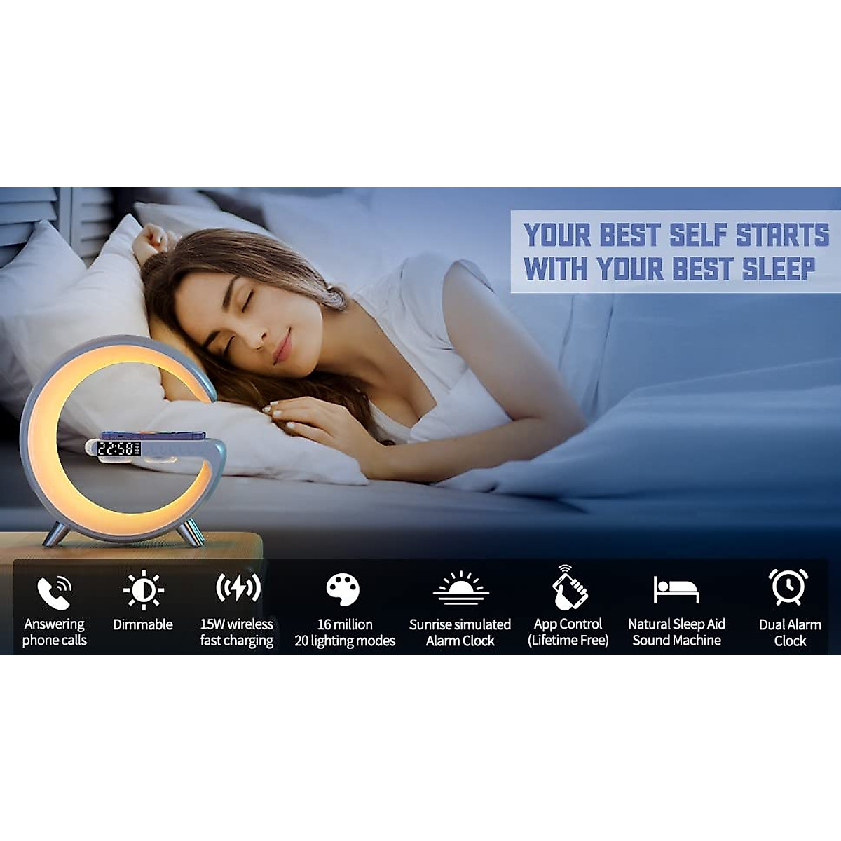 Etamibel 4 In 1 Wireless Charger Night Light Lamp| Bluetooth Speaker Alarm Clock| 15W Fast Charging| Home Office Study Bedside Wireless Charging Lamp For iPhone Samsung Huawei Xiaomi Qi-Enabled Phones