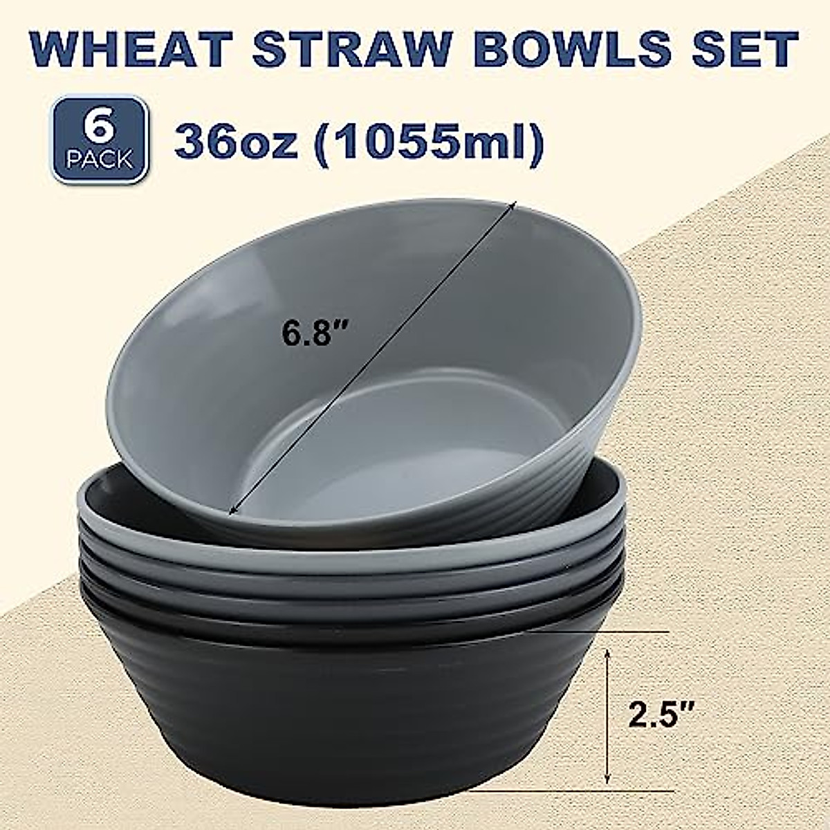 Wheat Straw Bowl Sets,6 PCS Unbreakable Cereal Bowl 36 OZ,Microwave and Dishwasher Safe Bowls,Soup Bowl Sets BPA Free Eco Friendly Bowl for Serving Soup,Oatmeal and Salad （Black Grey）