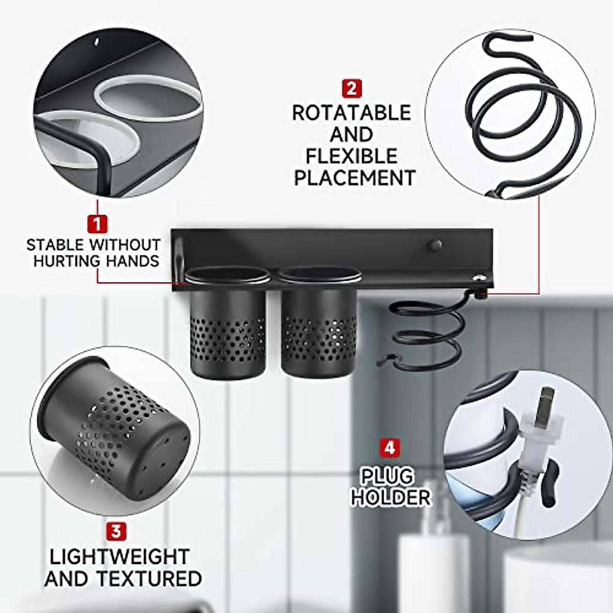 TINYROW Hair Dryer Holder Wall Mounted,Hair Tool Organizer,Black Bathroom Wall Mount Hair Care Styling Tool Organizer Storage Basket,Hair Tool Holder,Dryer Holder Rack 