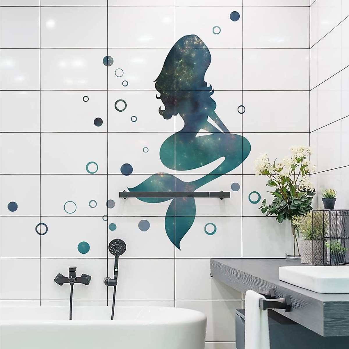 Starry Sky Mermaid Wall Decals Big Mermaid Wall Stickers Peel and Stick DIY Removable Mermaid Green Bubbles Vinyl Wall Art Decor for Kids Baby Bedroom Nursery Bathroom Door Stickers DT-1912