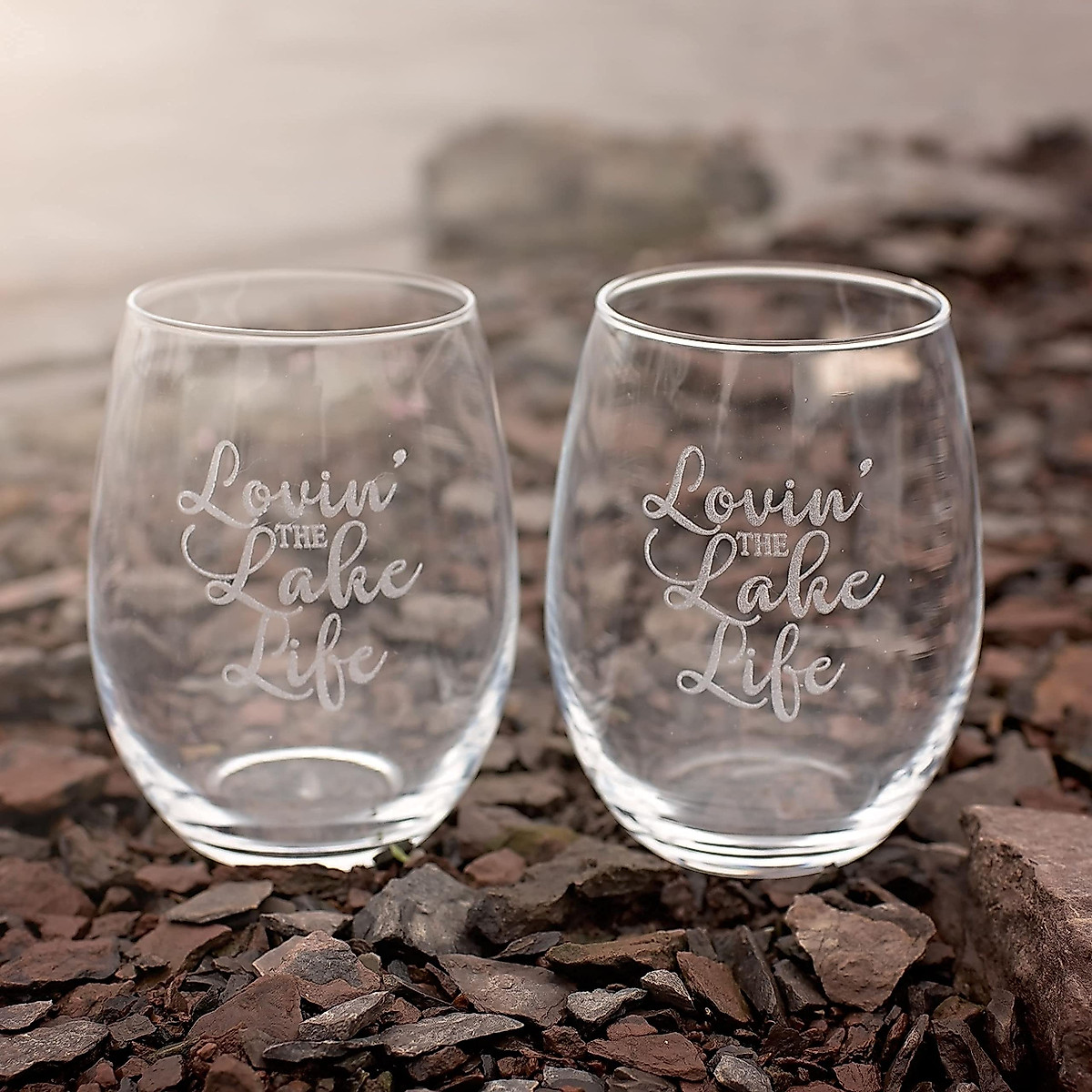 Lake House Decor, Lake Life Etched Wine Glasses Set of 2 Lake House Decorations for Home