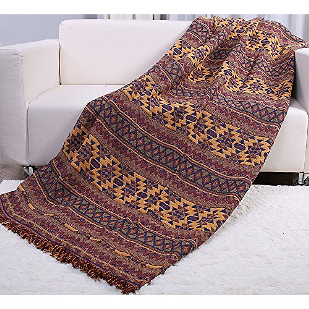 ChezMax 100% Pure Cotton Bohemian Style Woven Couch Throw Blanket Bedroom Decor Beach Blanket with Decorative Tassels Yellow 51"X71"