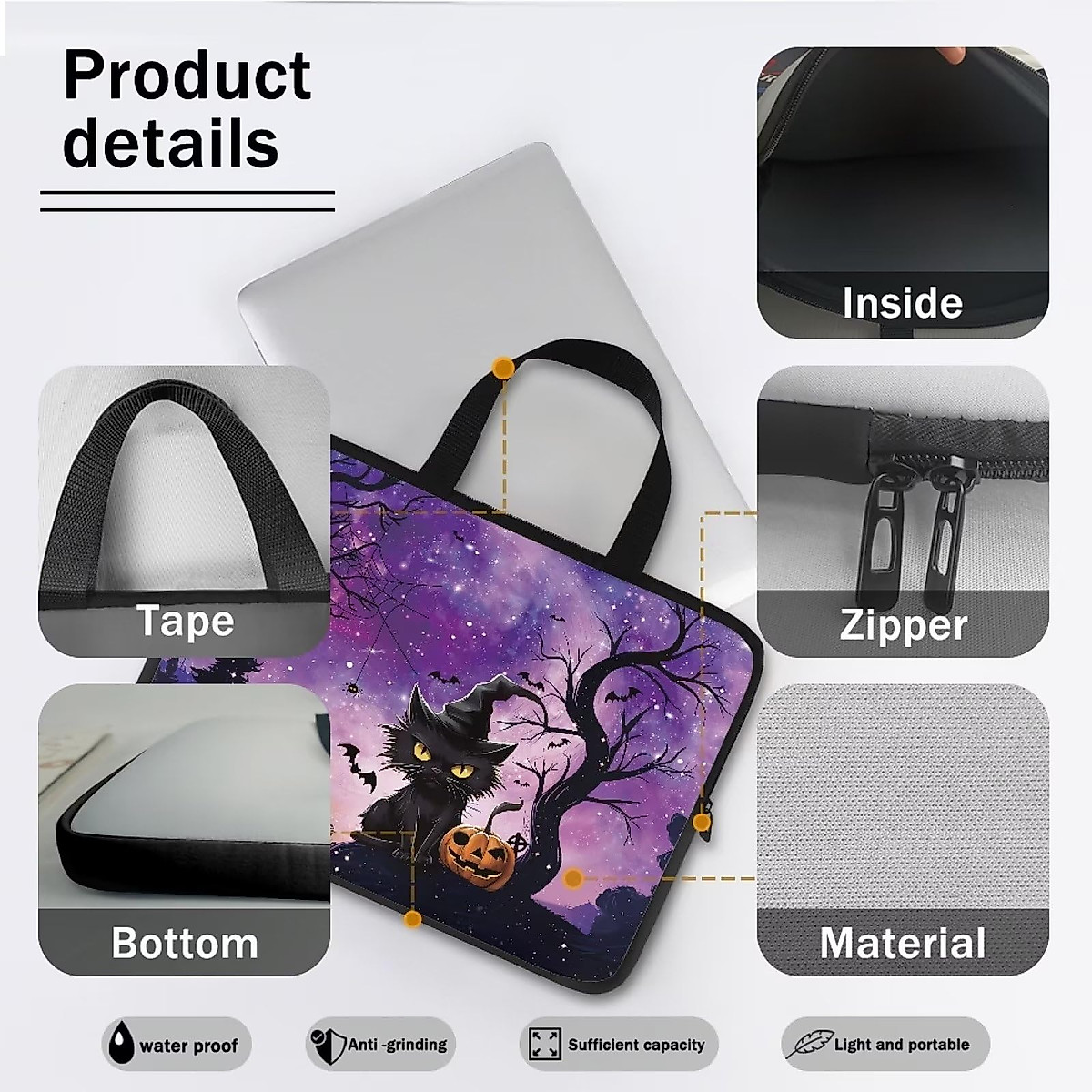 Psaytomey Halloween Cat Purple Laptop Sleeves Lightweight Computer Tote Bag Tablet Carrying Case Neoprene Laptop Cover Handbag Briefcase Shoulder Bag