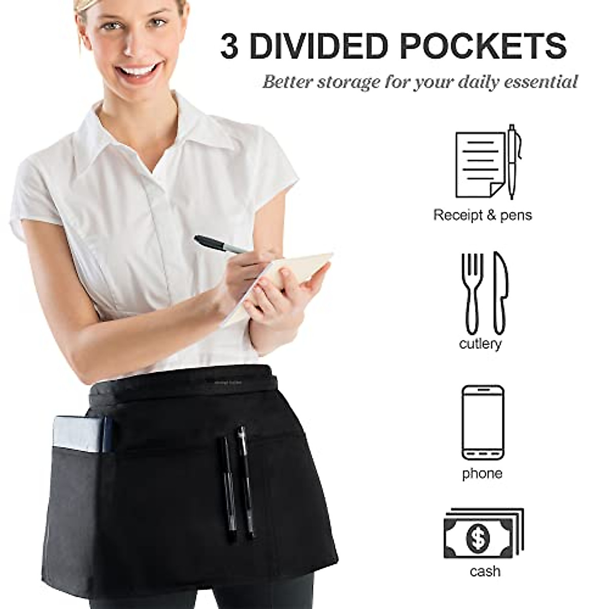 BOHARERS 2 Pack Waitress Apron With 3 Pockets - Black Server Aprons - Waiter Short Half Waist Servers Apron 12-inch