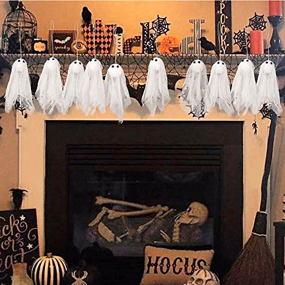 Decor365 Pack of 12 Small Hanging Ghost with White Creep Cloth and Black Eyes for Halloween Party Decoration Home/Yards/Garden/Pub/Classroom/Showcase/Living Room Holiday Party Decor
