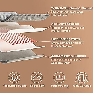 CAROMIO Heated Blanket Electric Throw - Fast Heating Throw Blanket 10 Heating Levels & 1-10H Auto Off Striped Flannel Electric Heated Blanket Throw for Home Office Use, 50x60 Inch, Khaki