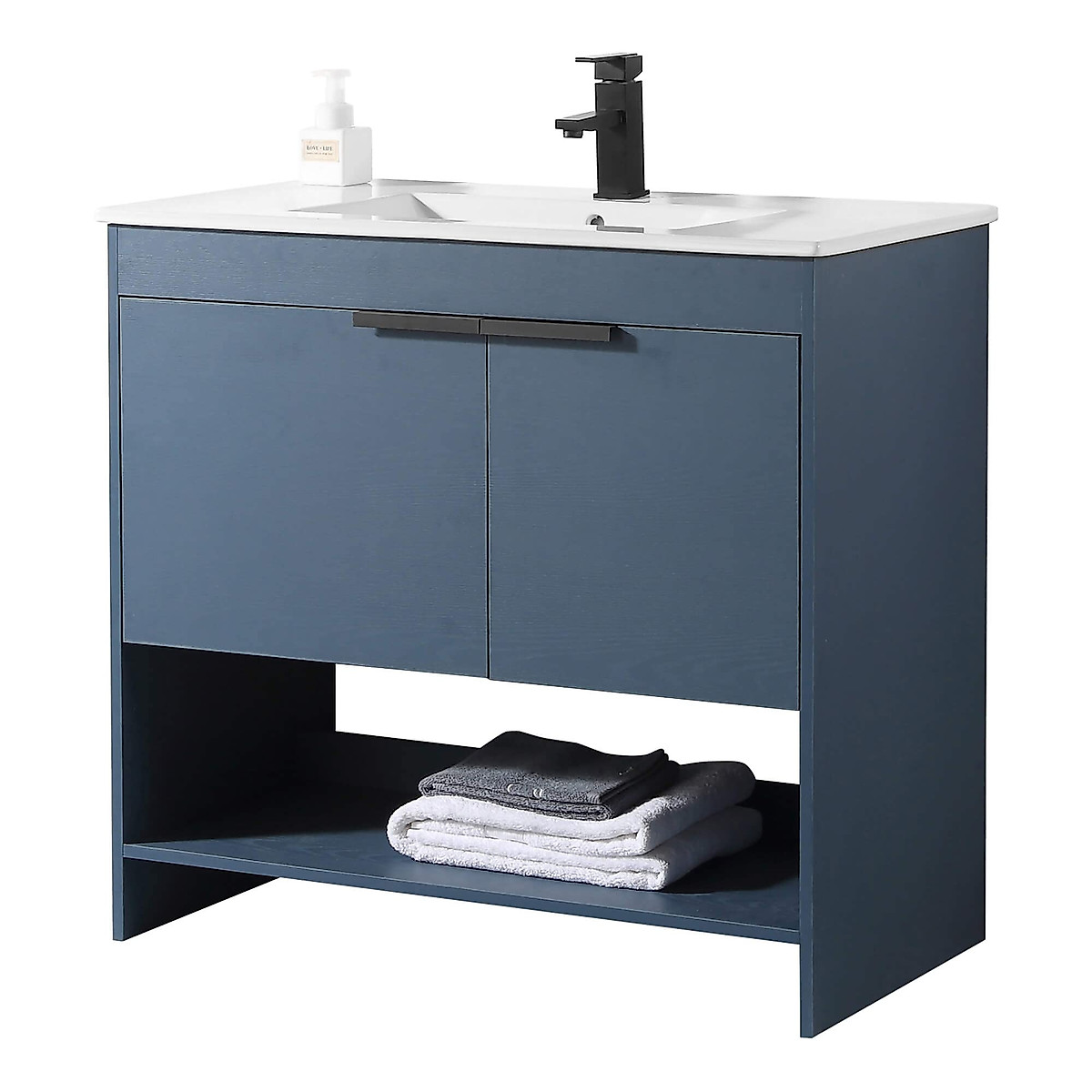 Fine Fixtures Bathroom Vanity with Integrated Ceramic Sink - Bathroom Vanity with Sink & Modern Knob Design - Bathroom Vanities with Sturdy Marble Top & Soft Closing Doors (36 Inch) Navy Blue