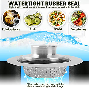 (Combo Pack) Stainless Steel Kitchen Sink Strainer and Stopper - 4.5” x 2.75” x 1” Strainer and 3.35” x 1.18” Stopper- Strainer with 2 mm Holes and Stopper with Strong Rubber Seal and Round Knob Grip