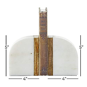 Deco 79 Marble Bookends with Wood Details, Set of 2 4"W, 5"H, White