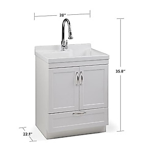 SIMPLIHOME Maile All-in-One Utility Sink & Cabinet, Pure White, 28-inch Laundry Cabinet, Pull-out Faucet, ABS Sink, Storage Drawer for Laundry Room, Mudroom, Garage