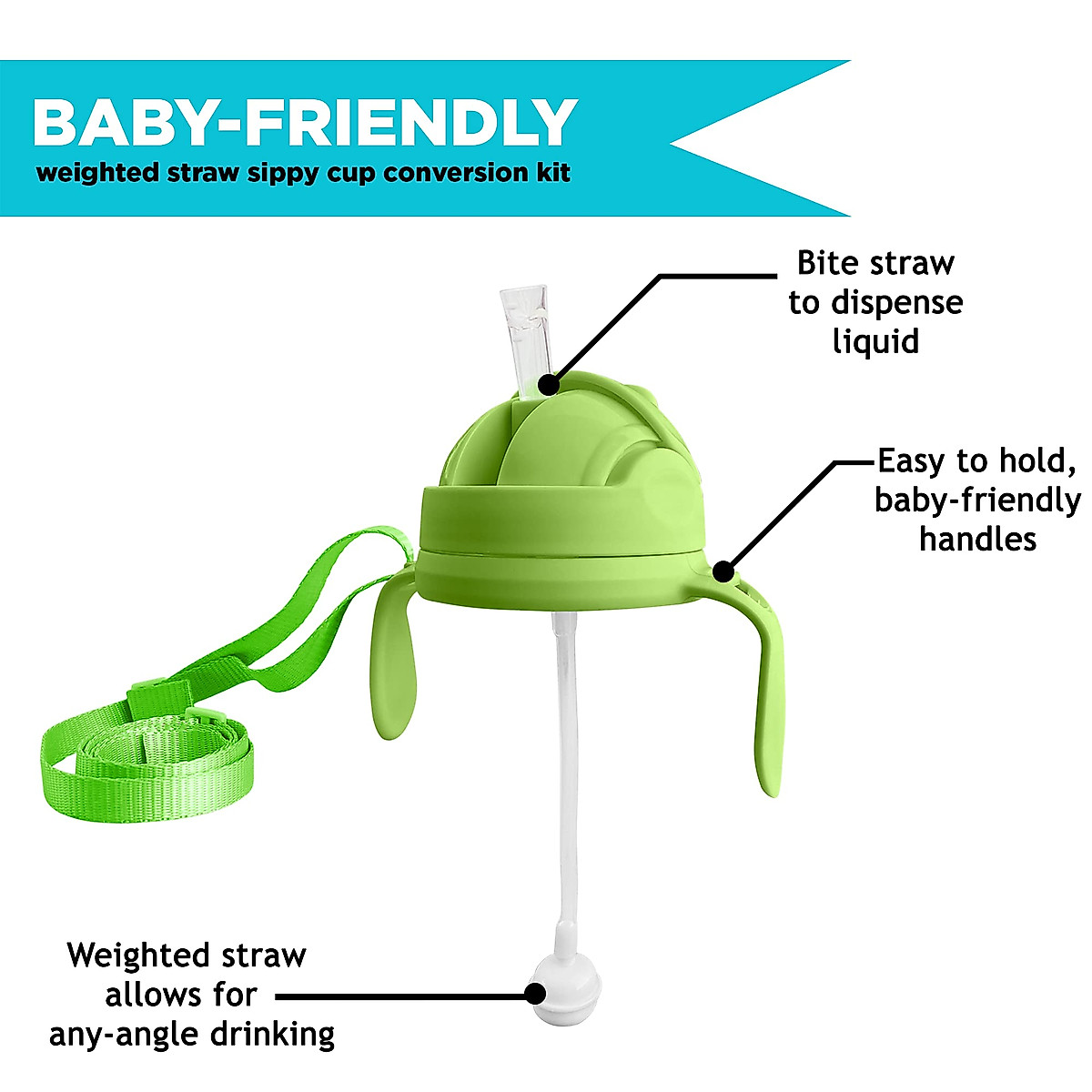 Botabee 3-in-1 Weighted Straw Sippy Cup Conversion Kit for Comotomo Baby Bottles | Compatible with Comotomo 5 Ounce & 8 Ounce Bottles | Versatile Leak-Proof Lid | Easy to Clean - Green (2 Pack)