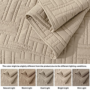 Beige Quilt King Size Bedding Sets with Pillow Shams, Cream Tan Lightweight Soft Bedspread Coverlet, Basket Weave Quilted Blanket Thin Comforter Bed Cover for All Season, 3 Pieces, 104x90 inches