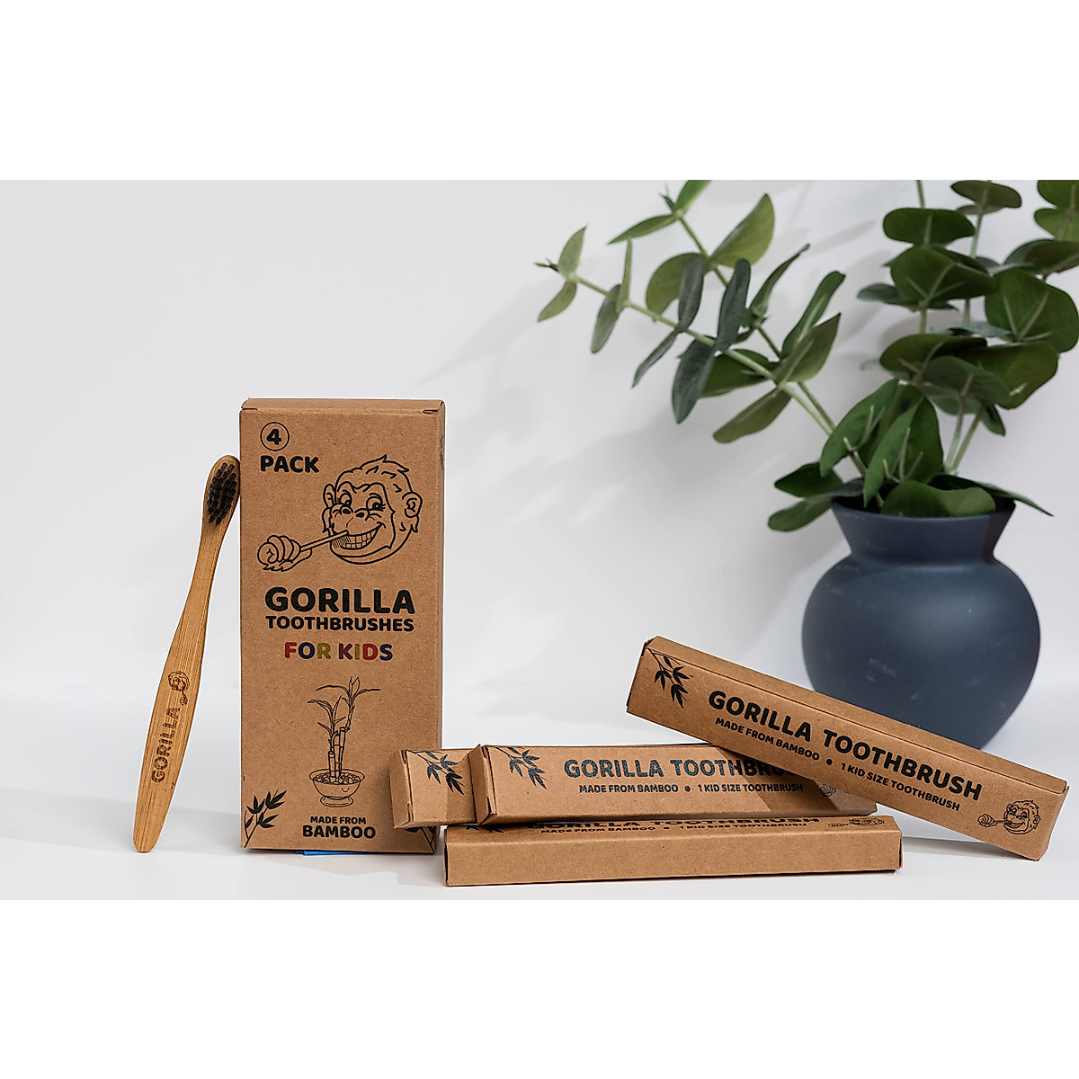 Kid's 4 Pack - Gorilla Bamboo Toothbrush Soft Natural Bristle for Sensitive Gums - Eco Friendly Recyclable Biodegradable Sustainable Products Helping to Save The Planet - One Toothbrush at a Time