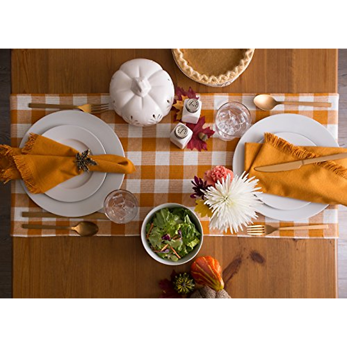 DII Heavyweight Fringed Check Tabletop Collection, Table Runner, 14x72, Pumpkin Spice