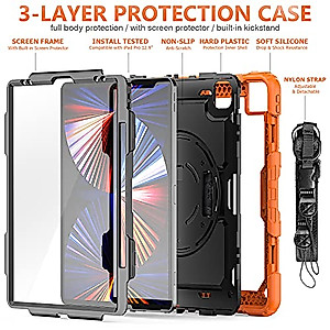 CLARKCAS Case for iPad Pro 12.9 inch Case 6th 2022 2021 5th Generation iPad Pro 12.9 Inch 2020 4th Gen with Screen Protector Pencil Holder Kids Shockproof Silicone Cover 360 Stand Hand Strap Orange