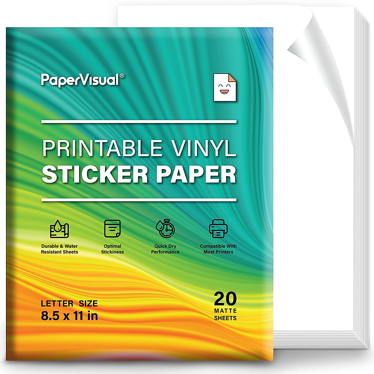PAPERVISUAL Printable Permanent Vinyl Paper - 20 Sticker Sheets For Printer - Matte White Waterproof Sticker Paper - Thick Tear-Resistant Sticker Printer Paper - Laser, Inkjet Printable Sticker Paper