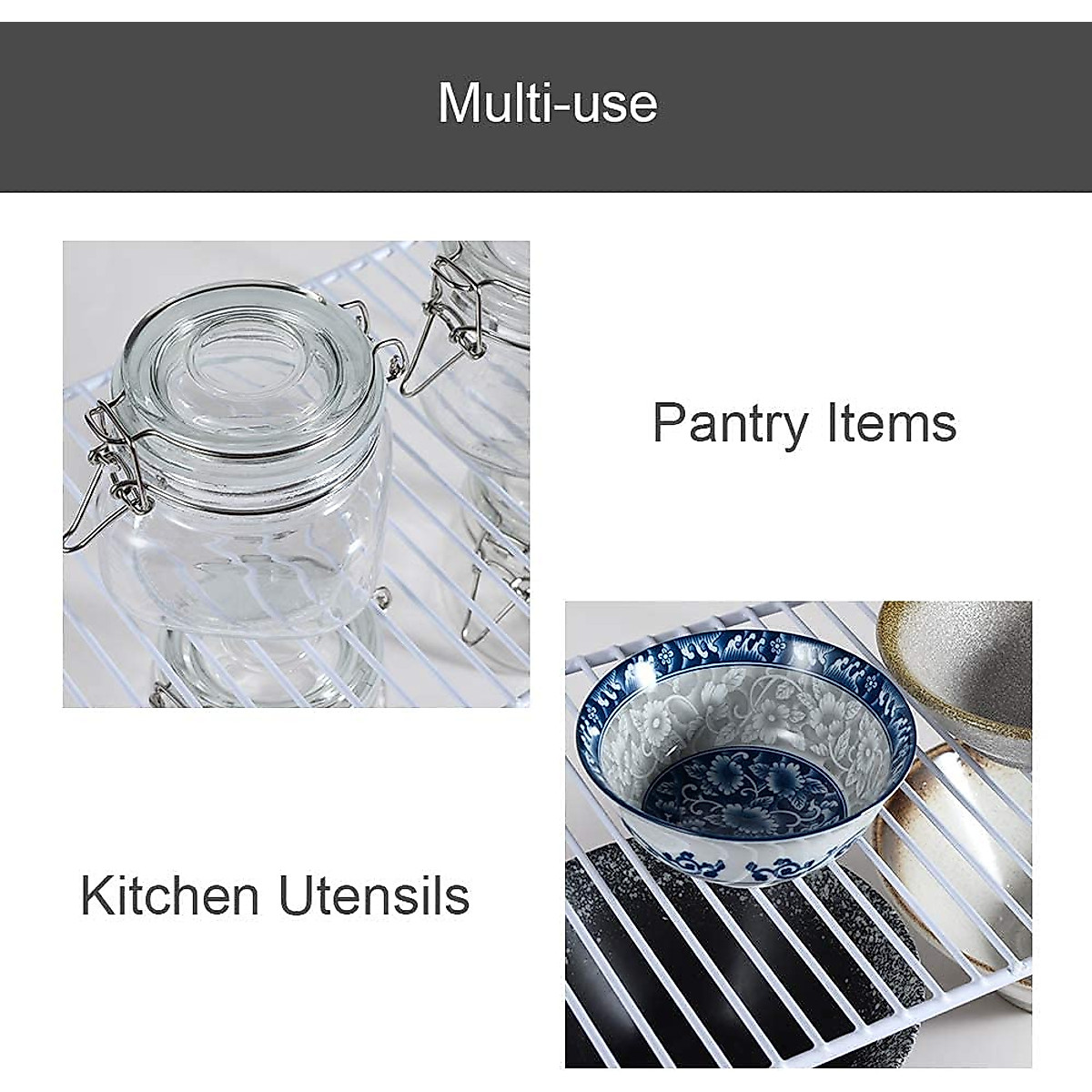 KIKIBRO Heavy Duty Cabinet Storage Shelf Rack, Large Rustproof Stainless Steel Food Kitchen Organizer for Spice, Cabinets, Pantry Shelves, Countertops Dishes, Plates, Bowls, Mugs, Glasses - Set of 6