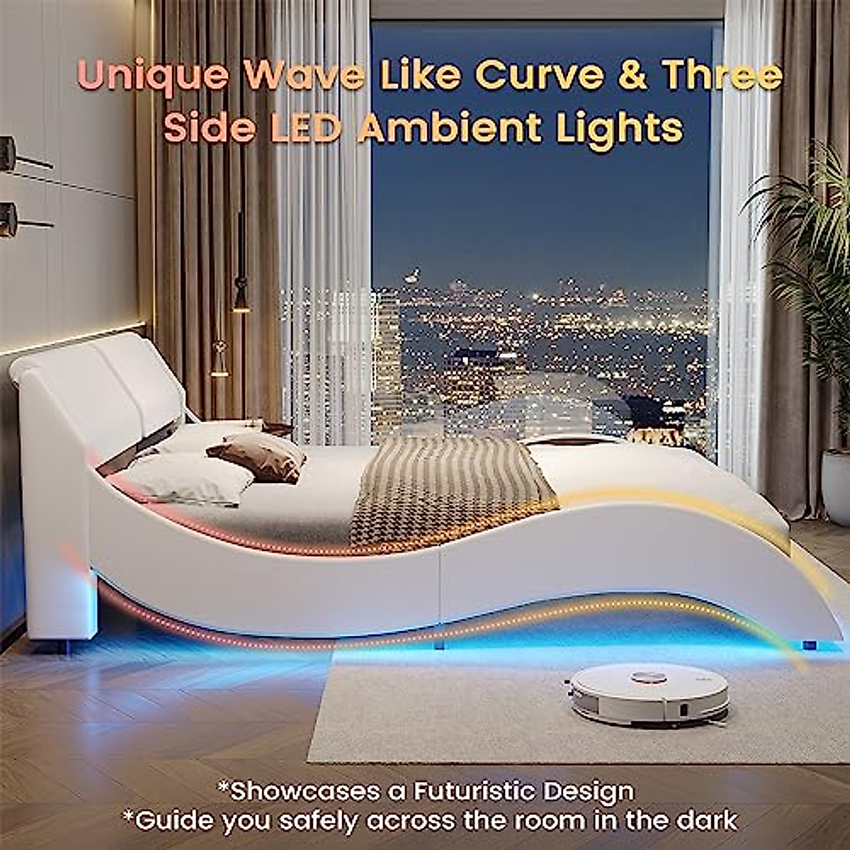 DICTAC King Size Bed Frame with LED Lights Modern King Led Bed Frame with Upholstered Headboard Faux Leather Low Profile Platform Bed Frame Wave Like Curve Bed Frame,No Box Spring Needed,White