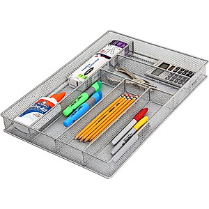 YBM Home Metal Silverware Organizer for In-Drawer Cutlery Storage, 6 Compartment Mesh Cutlery Flatware Tray Sorts Kitchen Utensils, Great for Office Supplies 1132s