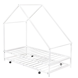 Metal House Bed with Trundle, Montessori Bed Twin Size Platform Bed Frame with Roof, Tent Bed, Modern Style Heavy-Duty Steel Frame Playhouse Bed for Kids Teens Girls Boys (Twin, White)