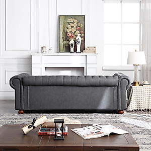 N NOORDENIYA Chesterfield Sofa, 89" Faux Leather Couch Upholstered Sofa with Low Back, Roll Arm Nailhead Trim Classic 3 Seater Sofa for Living Room, Home Furniture (Dark Gray)