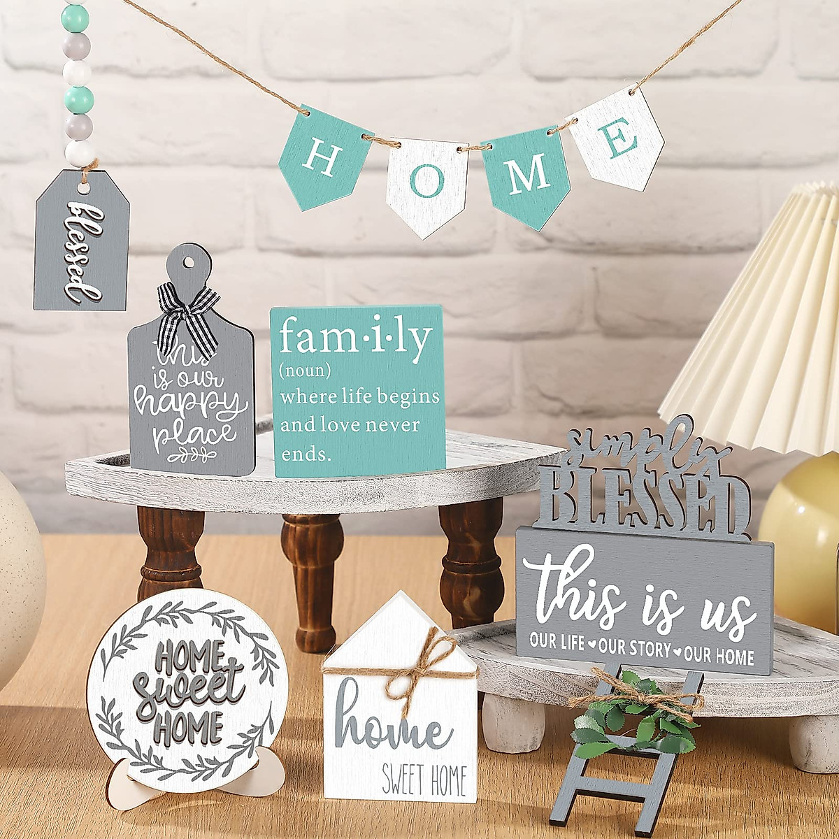 FairySandy 11 Pcs Farmhouse Tiered Tray Decor Home Wood Sign Rustic Simply Blessed Wooden Beads Tiered Tray Decorations Set for Home Kitchen Table