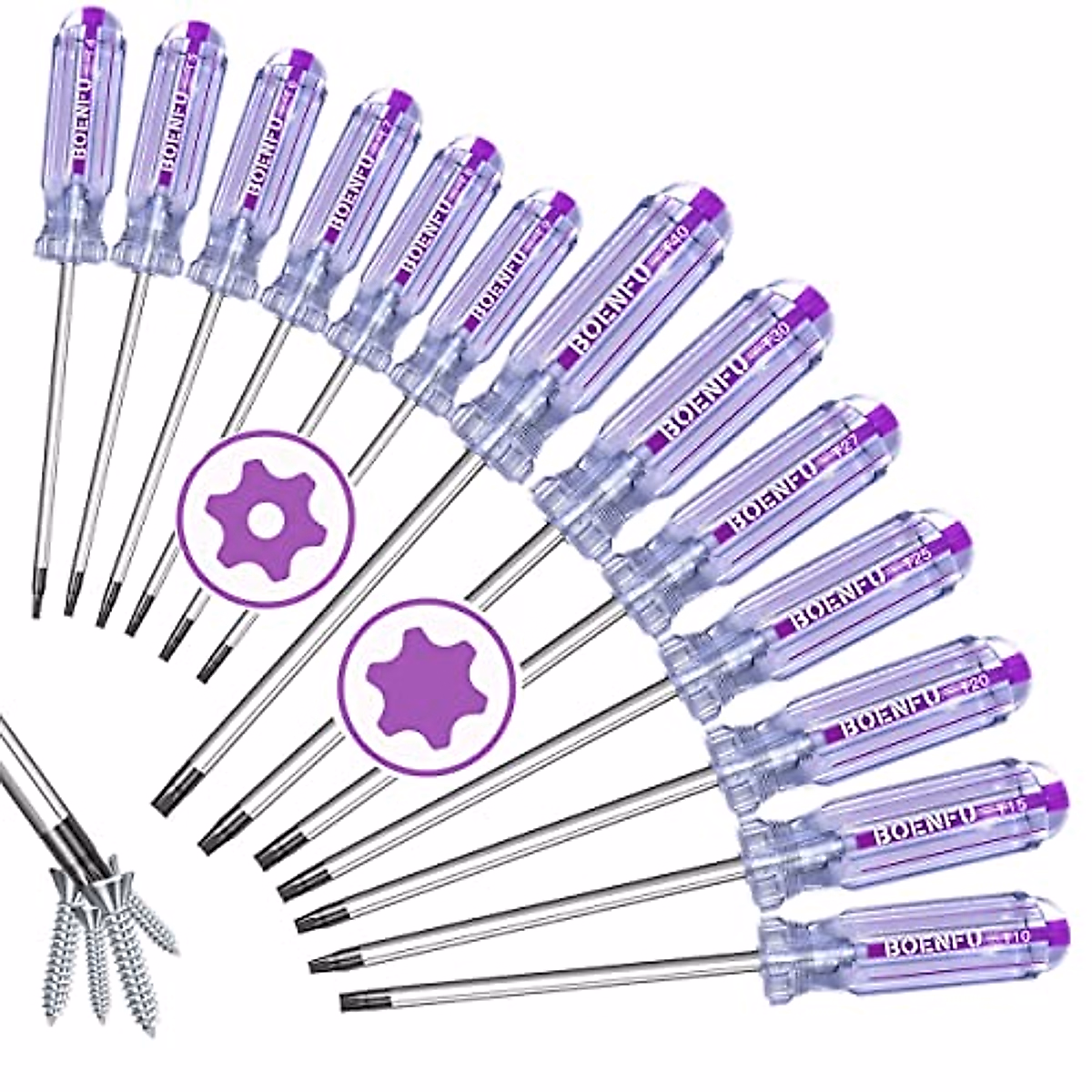 BOENFU Torx Screwdriver Set 13 PCS Heavy Duty Torx Security Screwdriver, T5 T15 T6 T8 T10 T25 T30 T7 T27 T40 T20 T9 T4 Star Shaped Drivers Set Fit Tamper Proof Screw, Purple