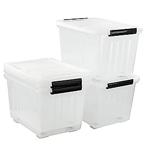 Bringer 30 L Clear Plastic Storage Box, 4-Pack Large Wheeled Storage Bin with lid