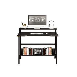 YQ JENMW 31.5 Inch Small Desk, Small Computer Desk for Small Spaces, Modern Writing Table with Monitor Storage Shelf, Compact Laptop Desk for Home Office and Study, Black