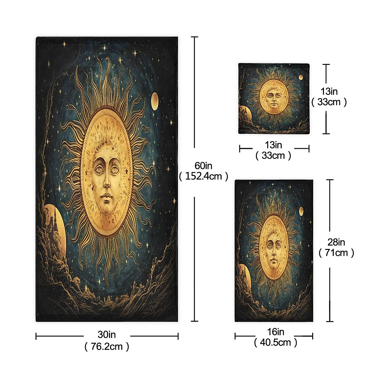 Flradish Sun and Moon Towels 3 Pack Bath Towels for Bathroom Set Soft Cotton Highly Absorbent Lightweight & Quickdry Towel Set 1 Bath Towel,1 Hand Towel,1 Washclothe