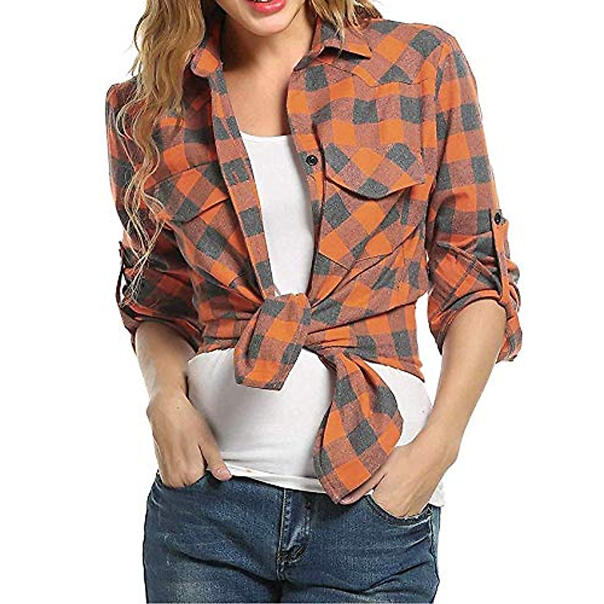 Plaid Shirts for Women Tartan Collared Button Down Boyfriend Casual Flannel Shirt Long Sleeve Shirts(Orange,XXL)