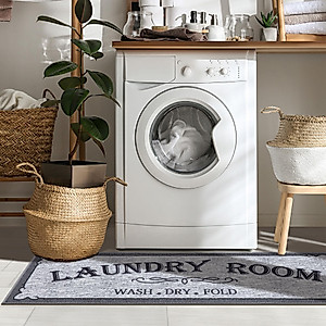 Ottomanson Laundry Collection Non-Slip Rubberback Laundry Text Design 2x5 Laundry Room Runner Rug, 20" x 59", Light Gray