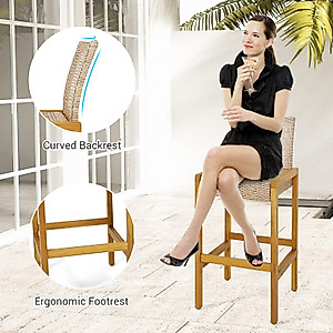 HAPPYGRILL Wicker Bar Stools Set of 2, Patio Chairs with Solid Wood Frame, Ergonomic Footrest, Indoor Outdoor Bar Height Chairs for Backyard Poolside Garden