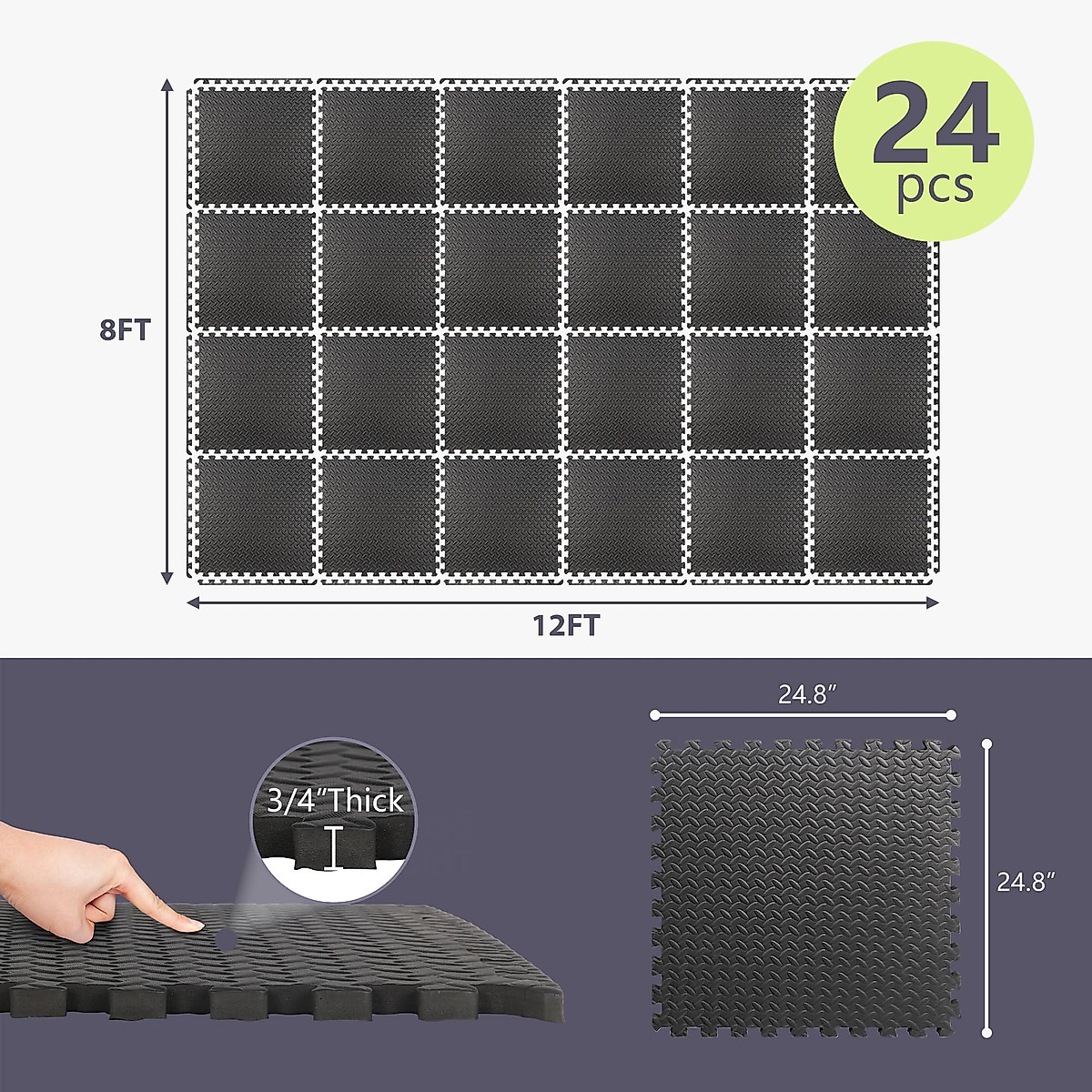 Oteymart 24 Pieces Puzzle Exercise Mat Extra Thick 3/4 Inches EVA Foam Interlocking Tiles Floor Gymnastics Mat Fitness Equipment Mat for Home Protective Flooring Cushion(96 Square feet)
