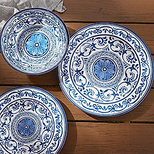 Amazon Basics Melamine Dinnerware Set, Service for 4, Traditional Blue and White - Set of 12