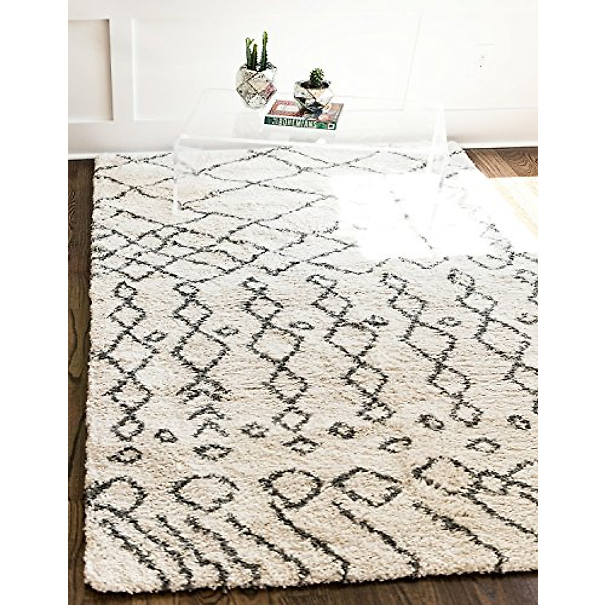 Unique Loom Rabat Shag Collection Area Rug - Geometric (9' x 12' Rectangle, Pure Ivory/ Gray)