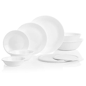 Corelle Vitrelle 78-Piece Service for 12 Dinnerware Set, Triple Layer Glass and Chip Resistant, Lightweight Round Plates and Bowls Set, Winter Frost White