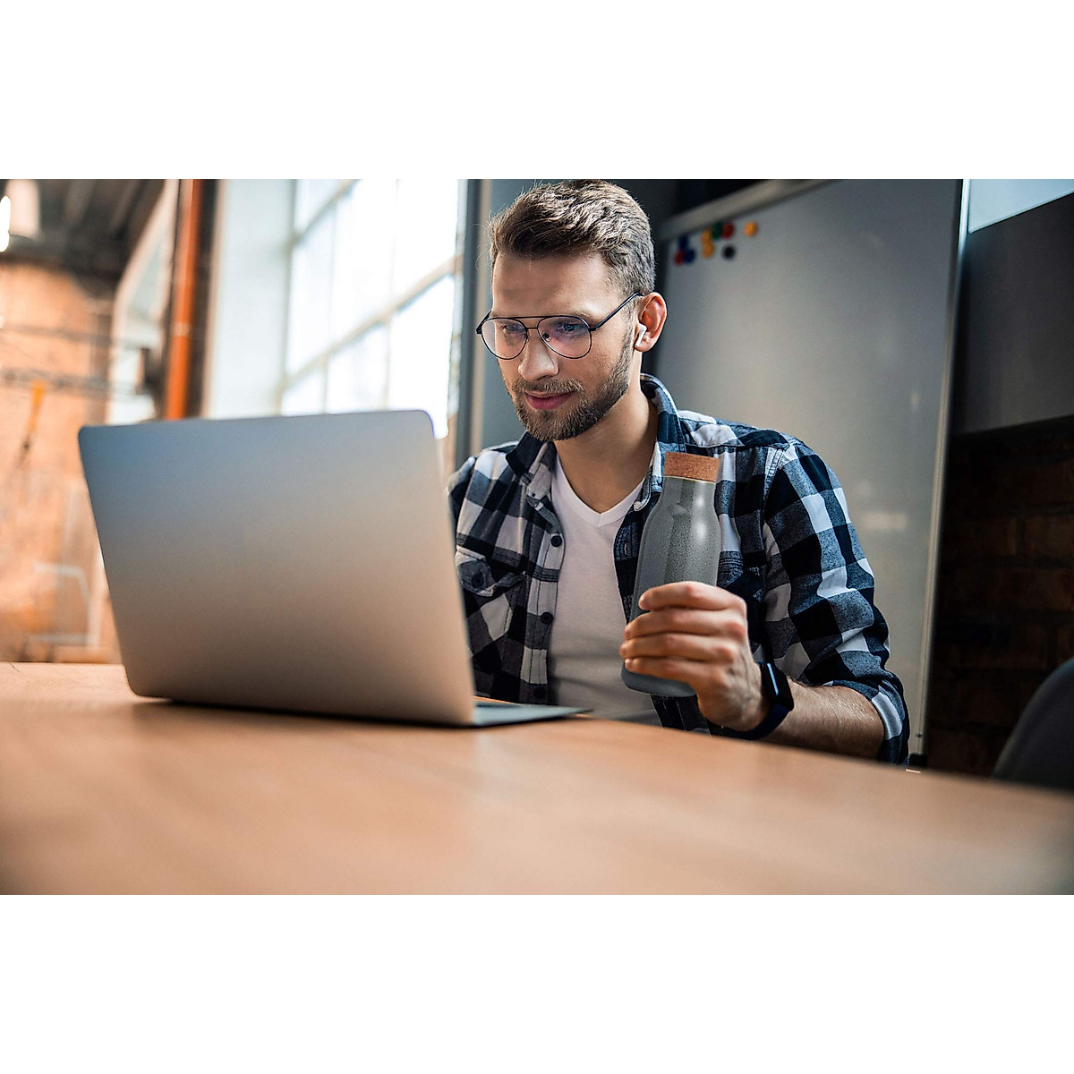 BUILT Ceramic Water Bottle with Cork Lid, 17-Ounce, Green Reactive