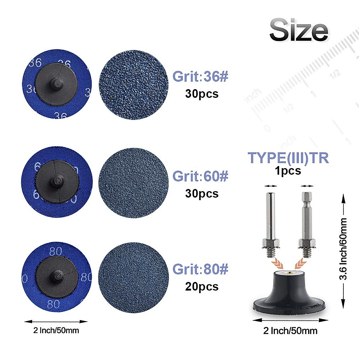 Tshya Roll Lock Disc, 80 Pcs 2 inch Die Grinder Sanding Discs with 1/4" Disc Holder, Zirconia Coated 36/60/80 Grit for Surface Prep