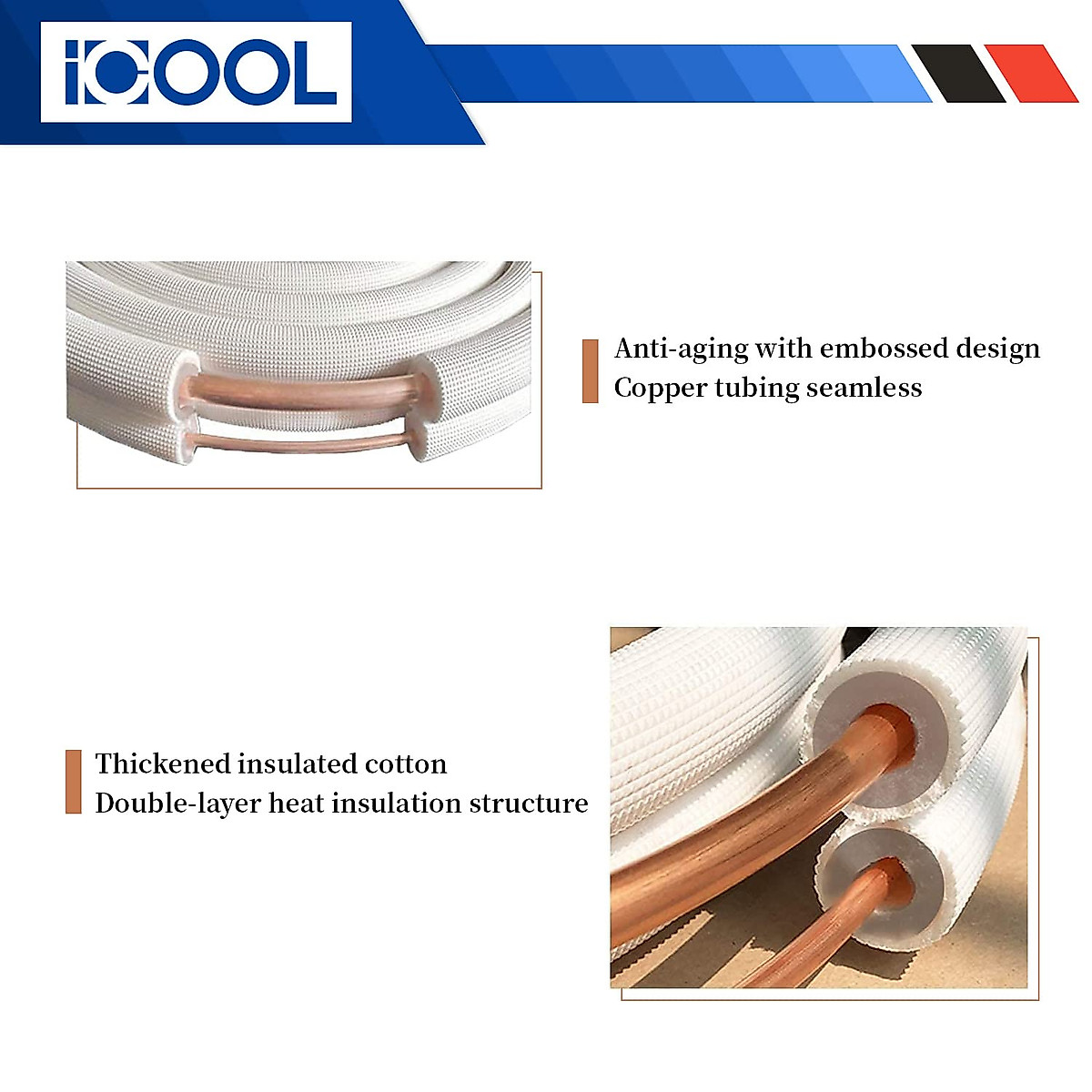 ICOOL 50 Ft. Mini Split Line Set, 1/4" & 3/8" O.D. Twin Copper Pipes, 3/8" Thickened PE Insulated Coil Copper Line with Nuts for Air Conditioner HVAC Refrigeration and Heating Equipment