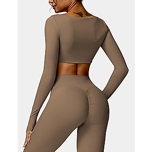 YEOREO Kyla Women Crop Top Long Sleeve Padded Sports Low Medium Impact Yoga Shirt Workout Brown