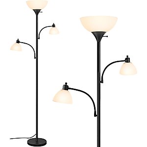 Isloys Led Floor Lamp, Torchiere Bright Black Floor Lamp with 2 Reading Lamps, Led Tall Standing Pole Lamps for Living Room Bedroom Office, 3 Way Switch, 3 Led Bulbs Included