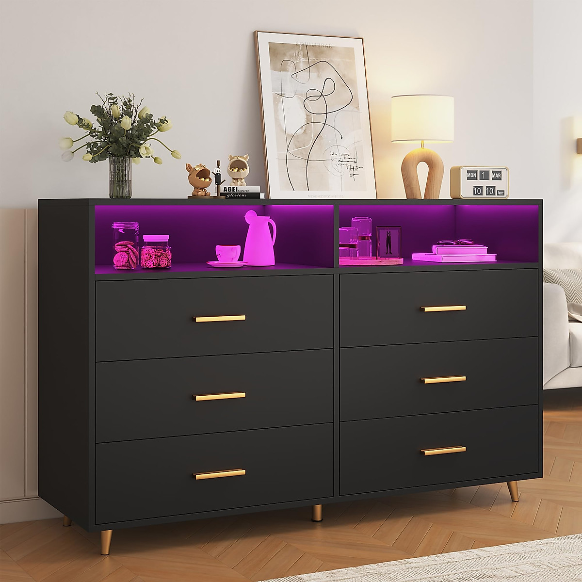 EnHomee Black Dresser with LED Lights, Wood Dresser for Bedroom with Wide Large Drawers and Metal Handles, Elegant Chest of Drawers for Clothes Storage Living Room Hallway Entryway, 47.2" W