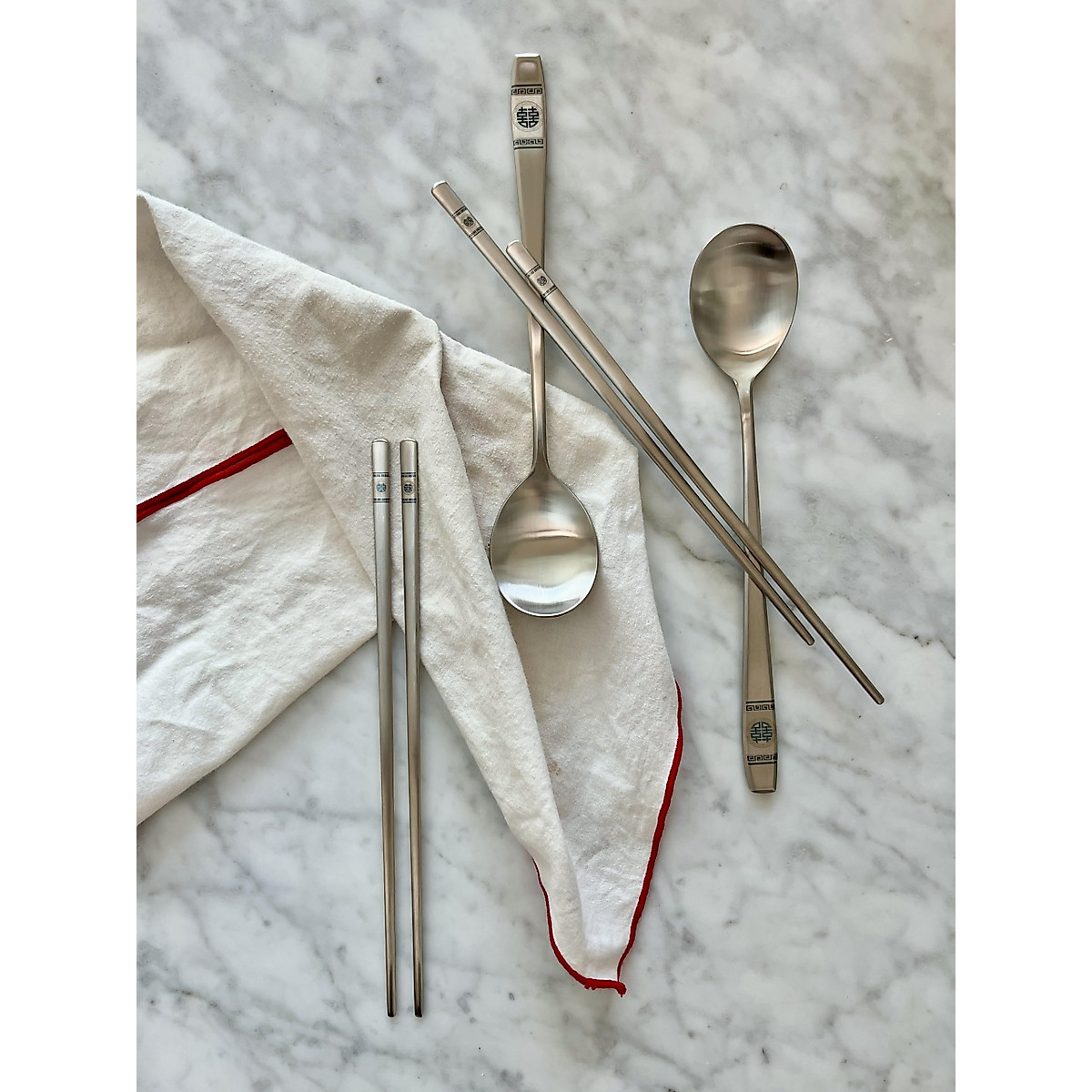 cozymomdeco Korean Made Silver Color Cutlery Spoon Chopsticks 18-10 Stainless Steel Printed Traditional Pattern_2 SET