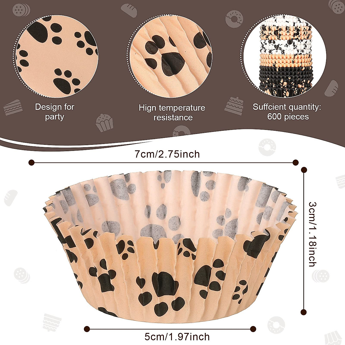 600 Pieces Paw Bone Print Cupcake Liners Puppy Cupcake Holders Dog Theme Cupcake Wrappers Nonstick Baking Cups Paper Muffin Cake Cups for Birthday Wedding Animal Party Favor (Elegant Style)