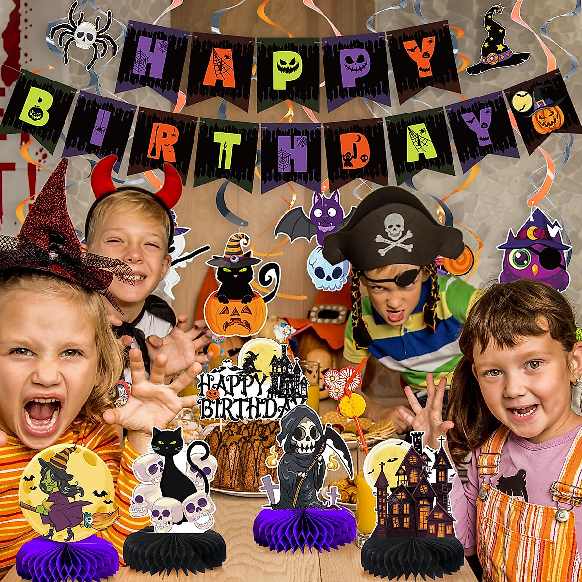 Halloween Birthday Party Decorations Halloween Decorations Banner Indoor, Halloween Honeycomb Table Centerpieces with Hanging Swirls and Cake Topper,Halloween Birthday Decorations for Home(49Pcs)