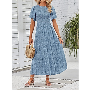 ZESICA Women's 2025 Summer Casual Floral Print Short Flutter Sleeve Crew Neck Smocked High Waist Flowy Maxi Dress,Blue,Large