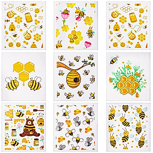 Newwiee 9 Pcs Swedish Kitchen Dishcloths Swedish Dish Towel Kitchen Washcloths for Dishes Reusable Absorbent Towels Quick Drying Cleaning Dish Cloths for Kitchen Bar Hand Washing (Bee)