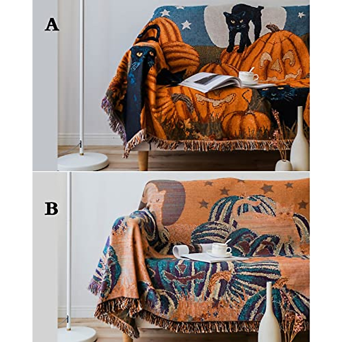 CUEERBOT Throw Blanket for Couch，Indie Room Decor Black Cat and Halloween Pumpkin Cotton Blanket (Orange, Large 63X87 Inches)