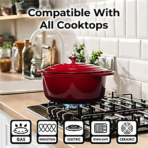 Zulay Kitchen 6 Quart Enameled Cast Iron Dutch Oven with Lid – Premium Durability & Oven Safe up to 500°F – Heavy Duty Cookware Perfect for Bread Baking, Stews, Braising & Roasting – Red